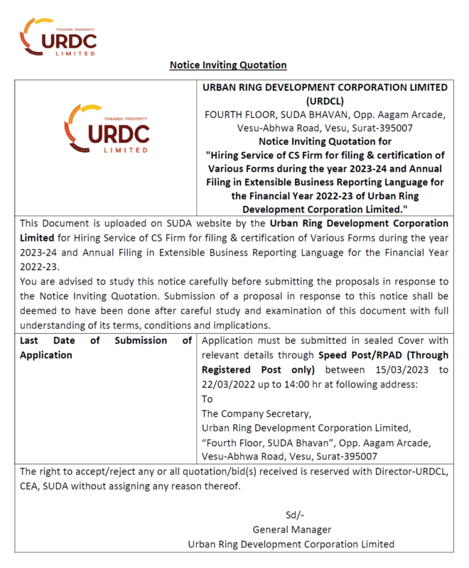 Notice Inviting Quotation for Hiring service of CS Firm for filing ...